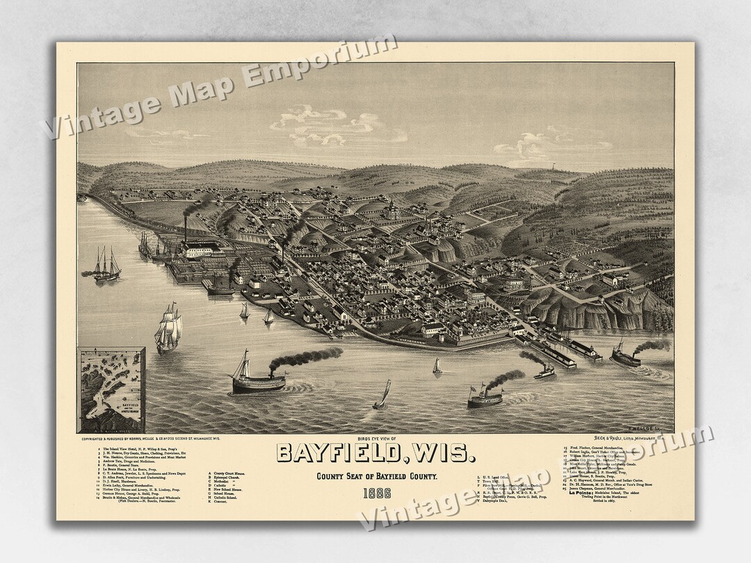 1886 Bayfield, Wisconsin Map - Panoramic Old City Map - Historic Birds ...
