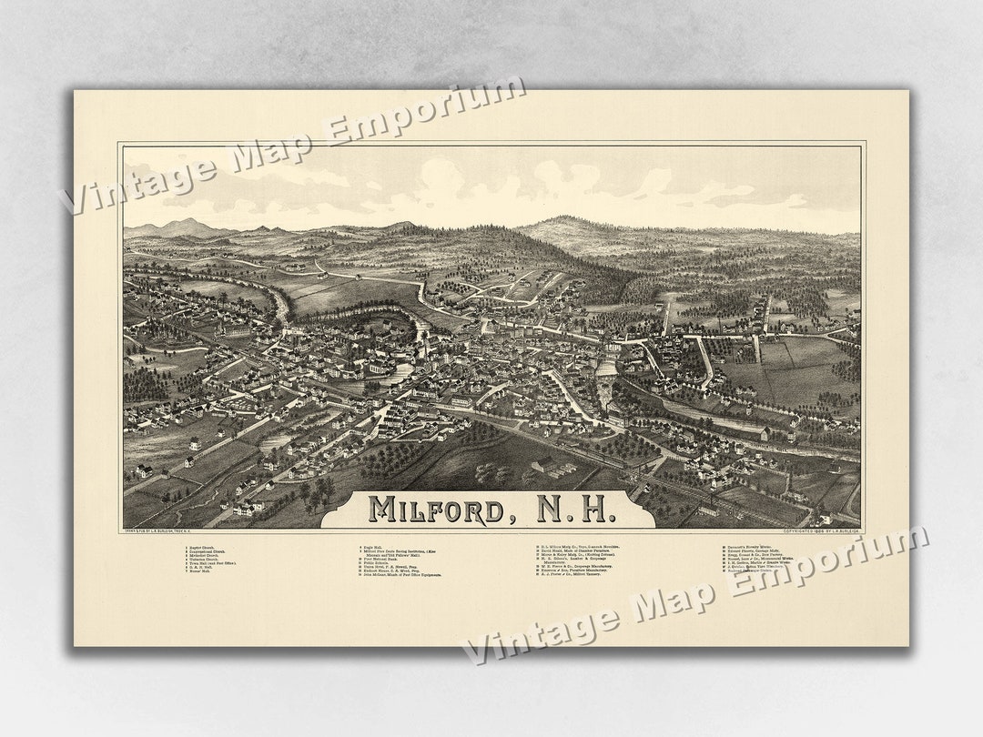 1886 Milford, New Hampshire Map - Panoramic Old City Map - Historic ...