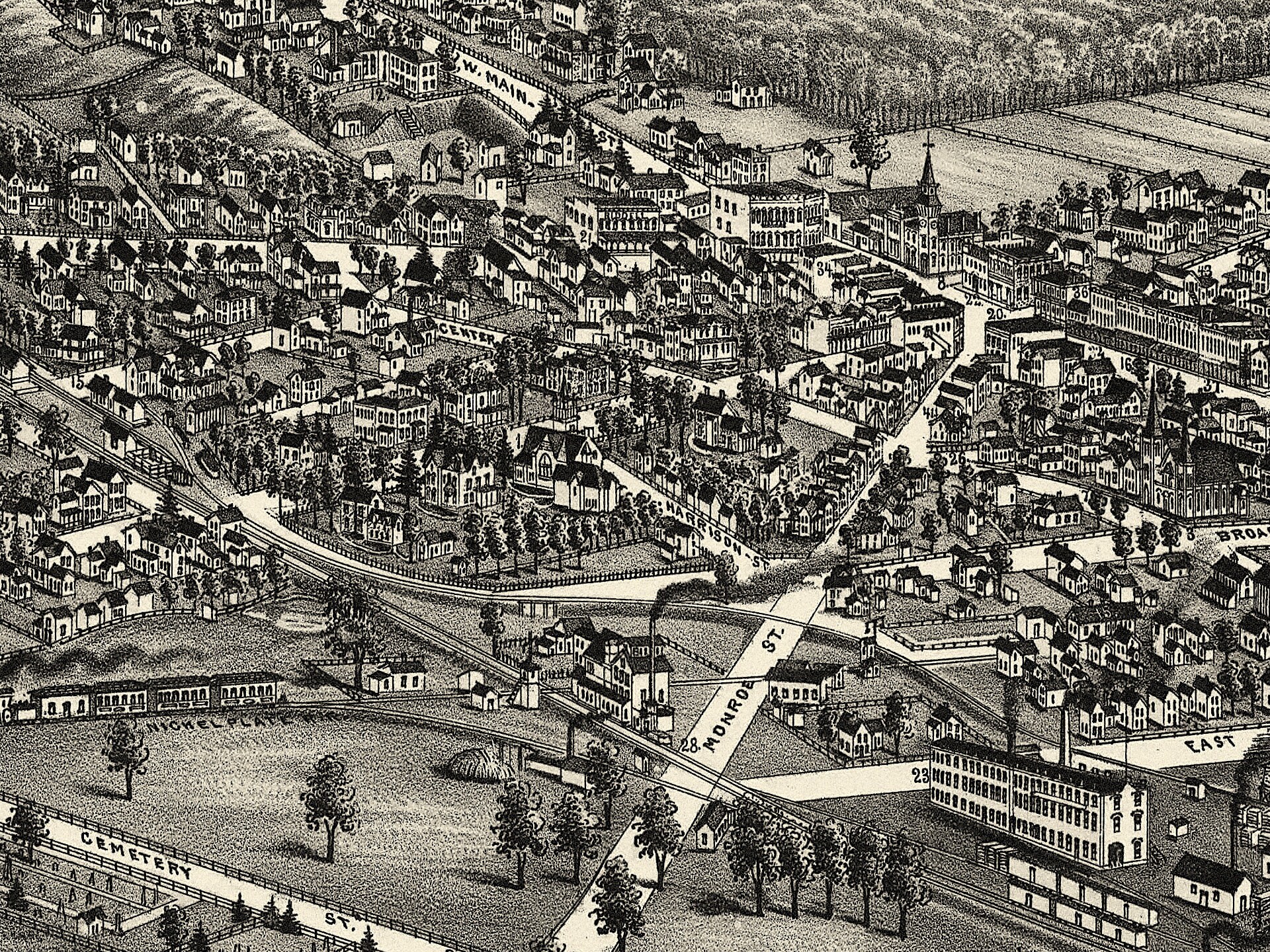 1888 Bellevue, Ohio Map - Panoramic Old City Map - Historic Birds Eye ...