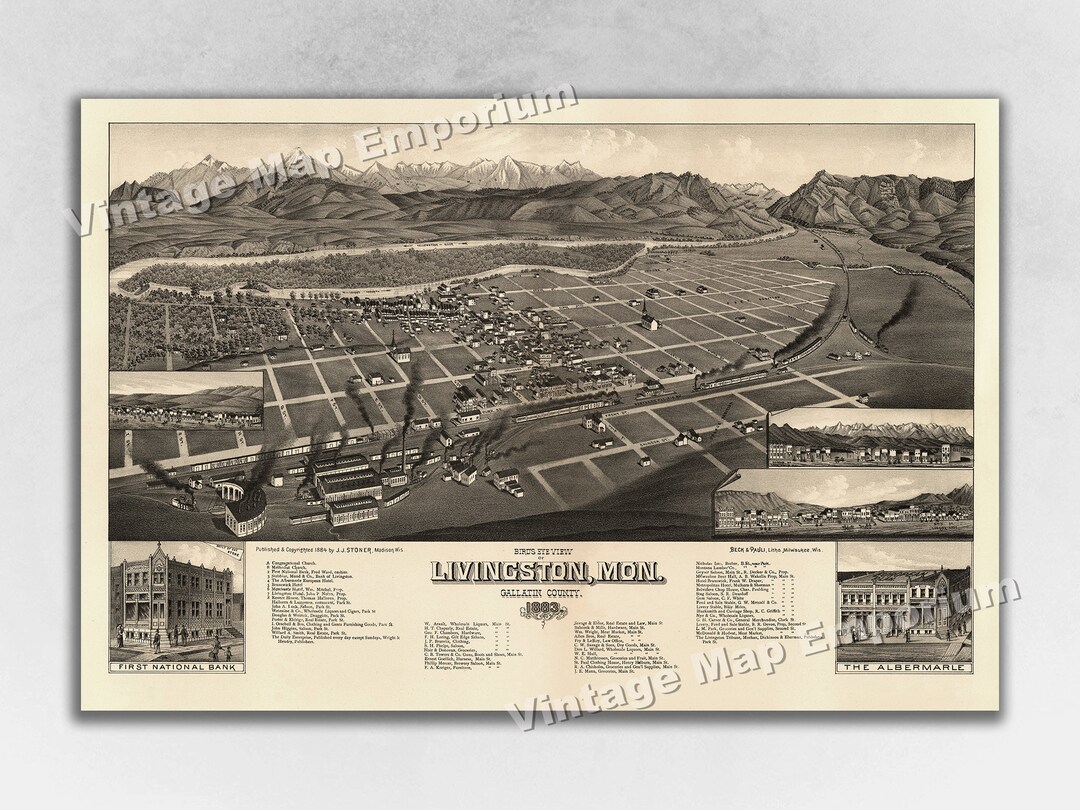 1883 Livingston, Montana Map - Panoramic Old City Map - Historic Birds ...