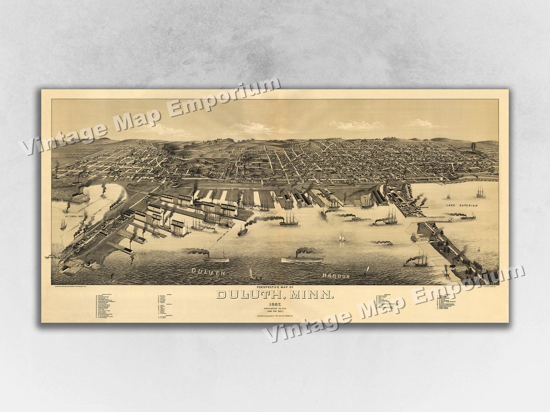 1887 Duluth, Minnesota Map - Panoramic Old City Map - Historic Birds ...