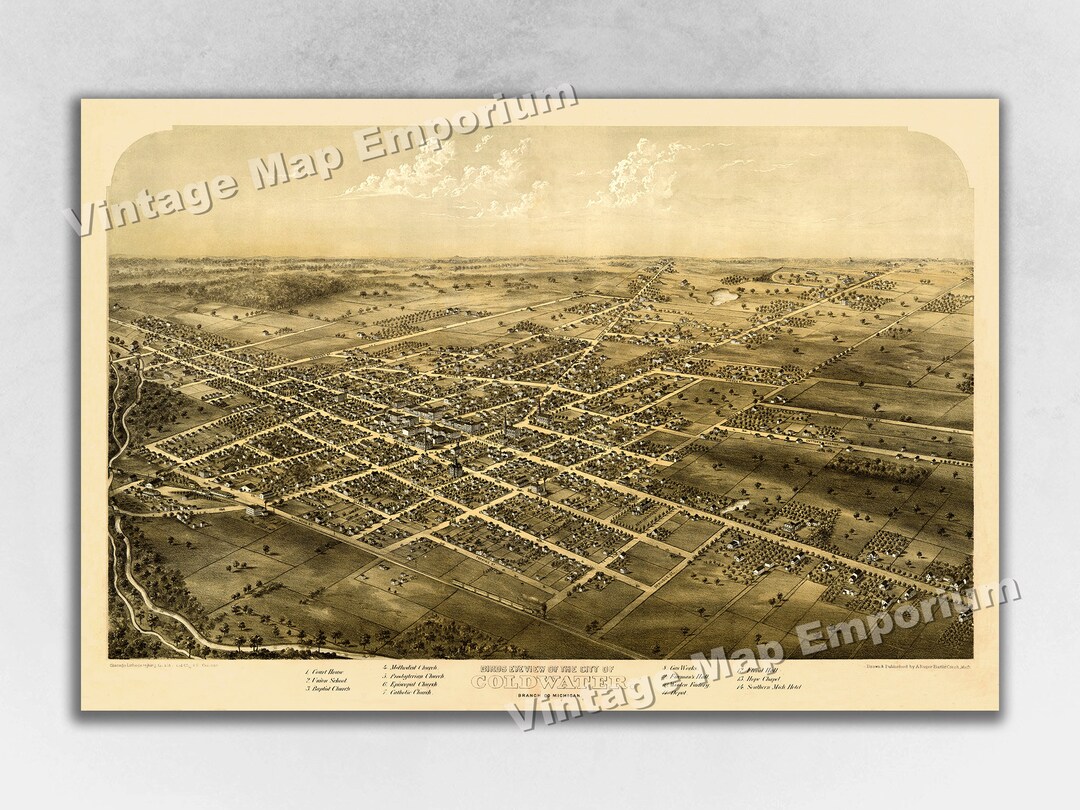 1868 Coldwater, Michigan Map - Panoramic Old City Map - Historic Birds ...