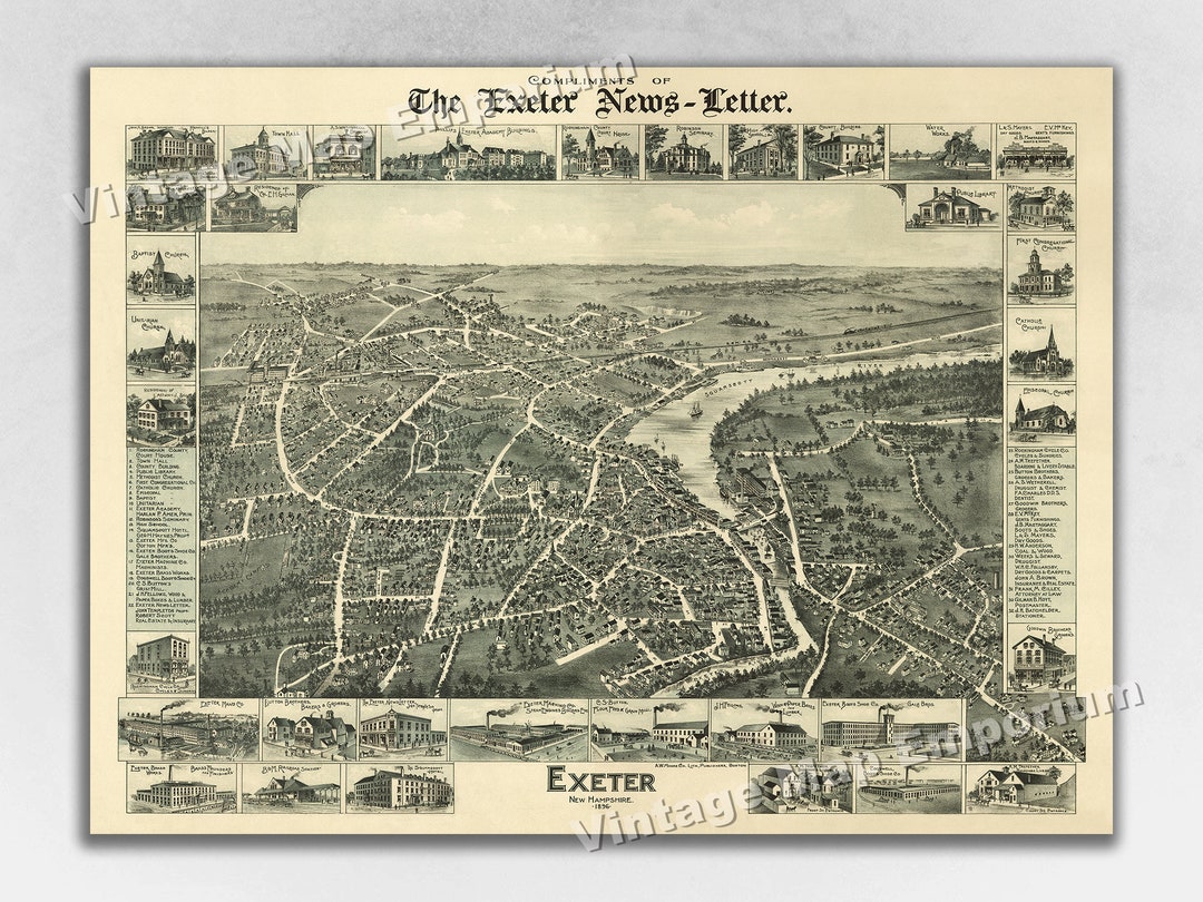1896 Exeter, New Hampshire Map - Panoramic Old City Map - Historic ...