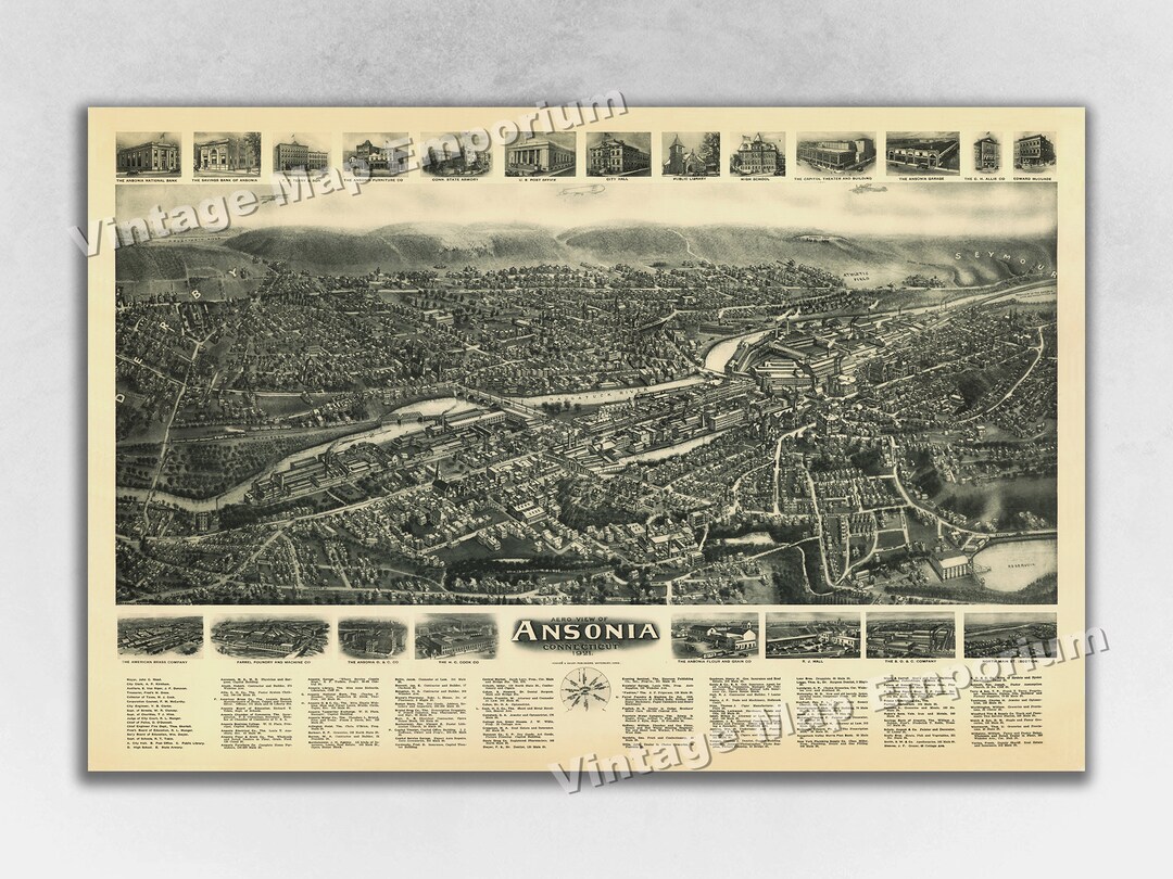1921 Ansonia, Connecticut Map - Panoramic Old City Map - Historic Birds ...