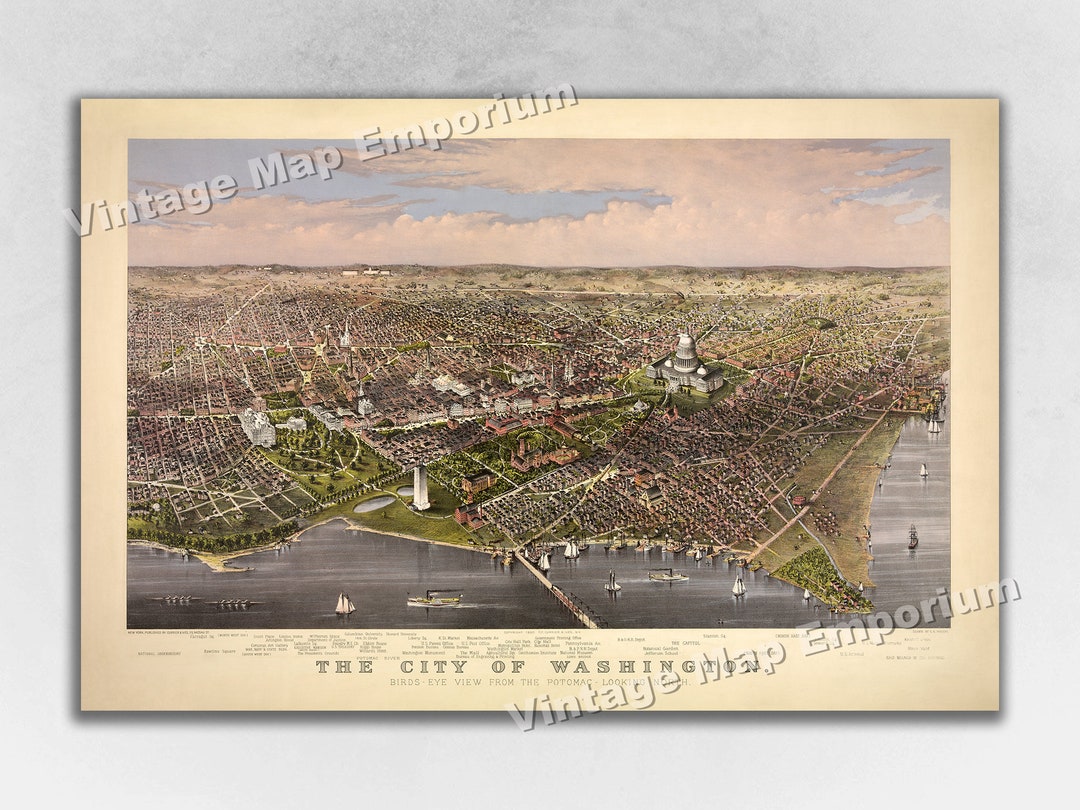 1880 Washington DC Map - Panoramic Old City Map - Historic Birds Eye ...