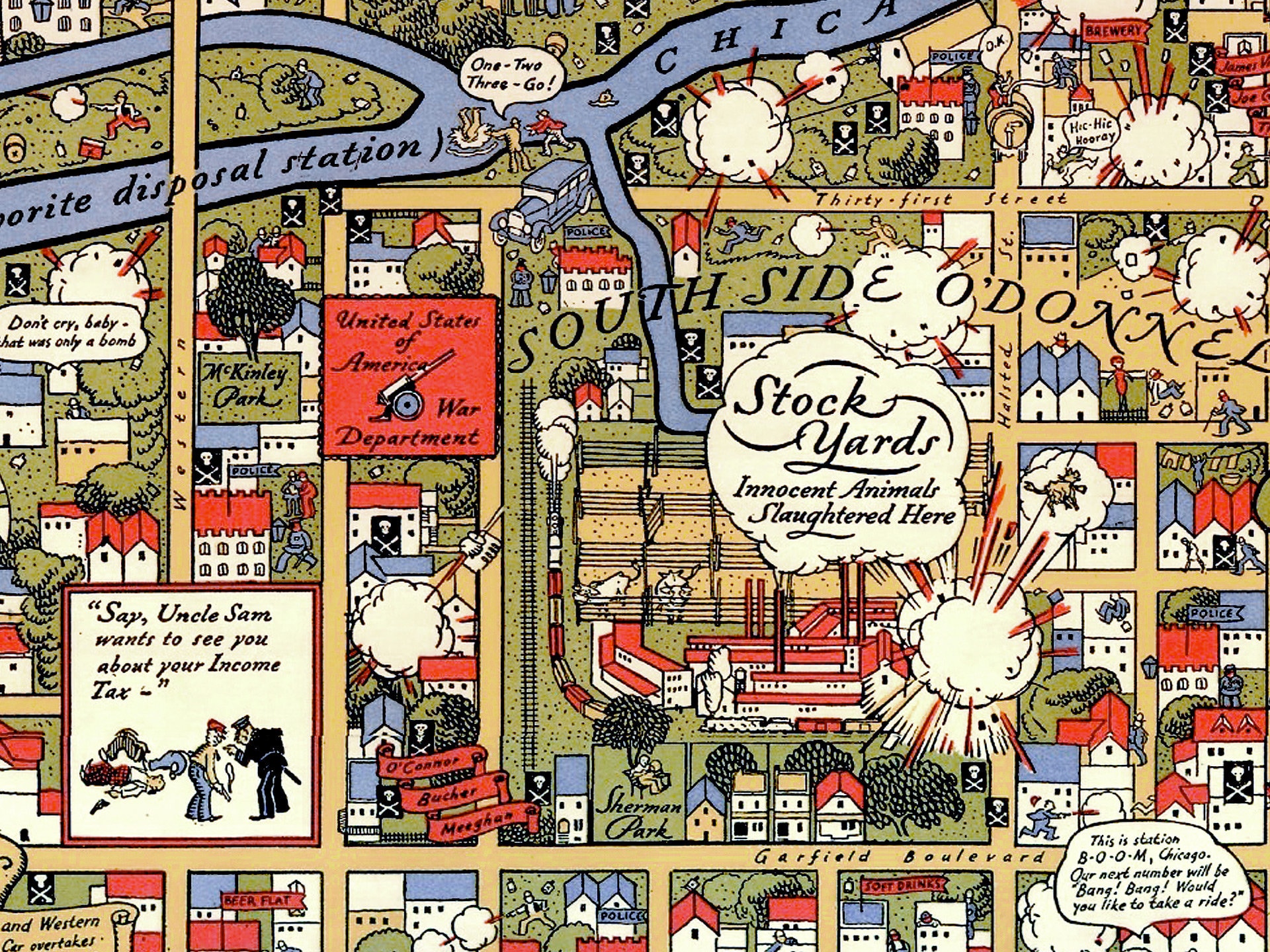 1931 “A Map of Chicago’s Gangland” Vintage Pictorial Gangster Map ...