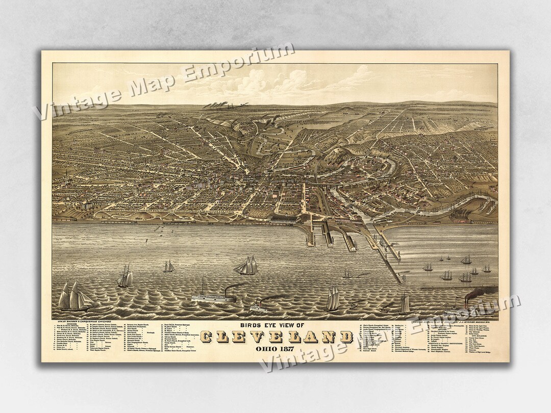 1877 Cleveland, Ohio Map - Panoramic Old City Map - Historic Birds Eye ...