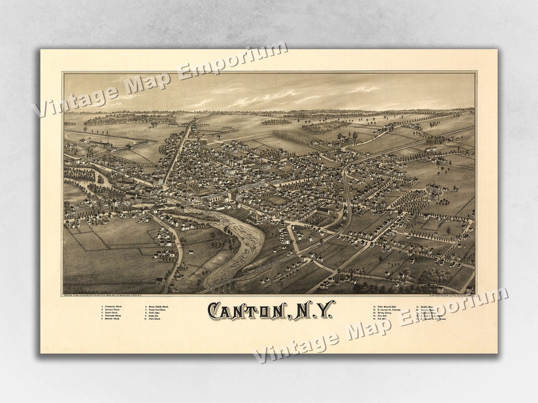 1885 Canton, New York Map - Panoramic Old City Map - Historic Birds Eye ...
