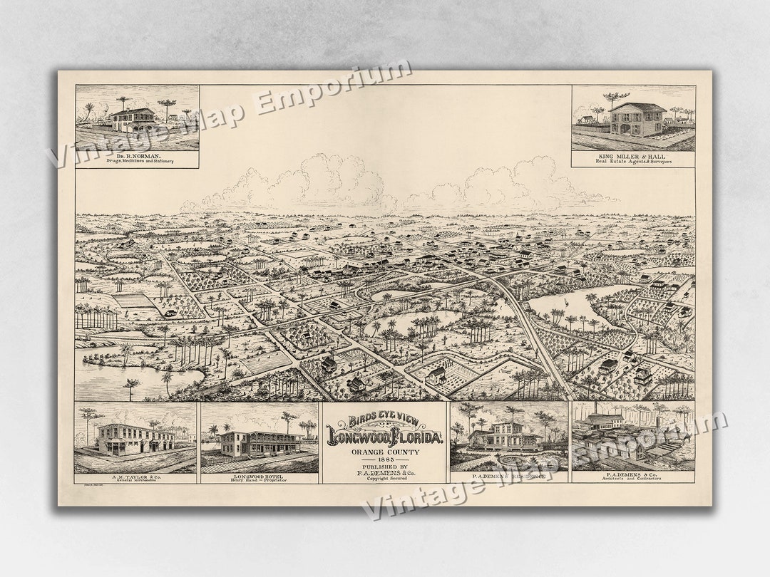 1885 Longwood, Florida Map - Panoramic Old City Map - Historic Birds ...