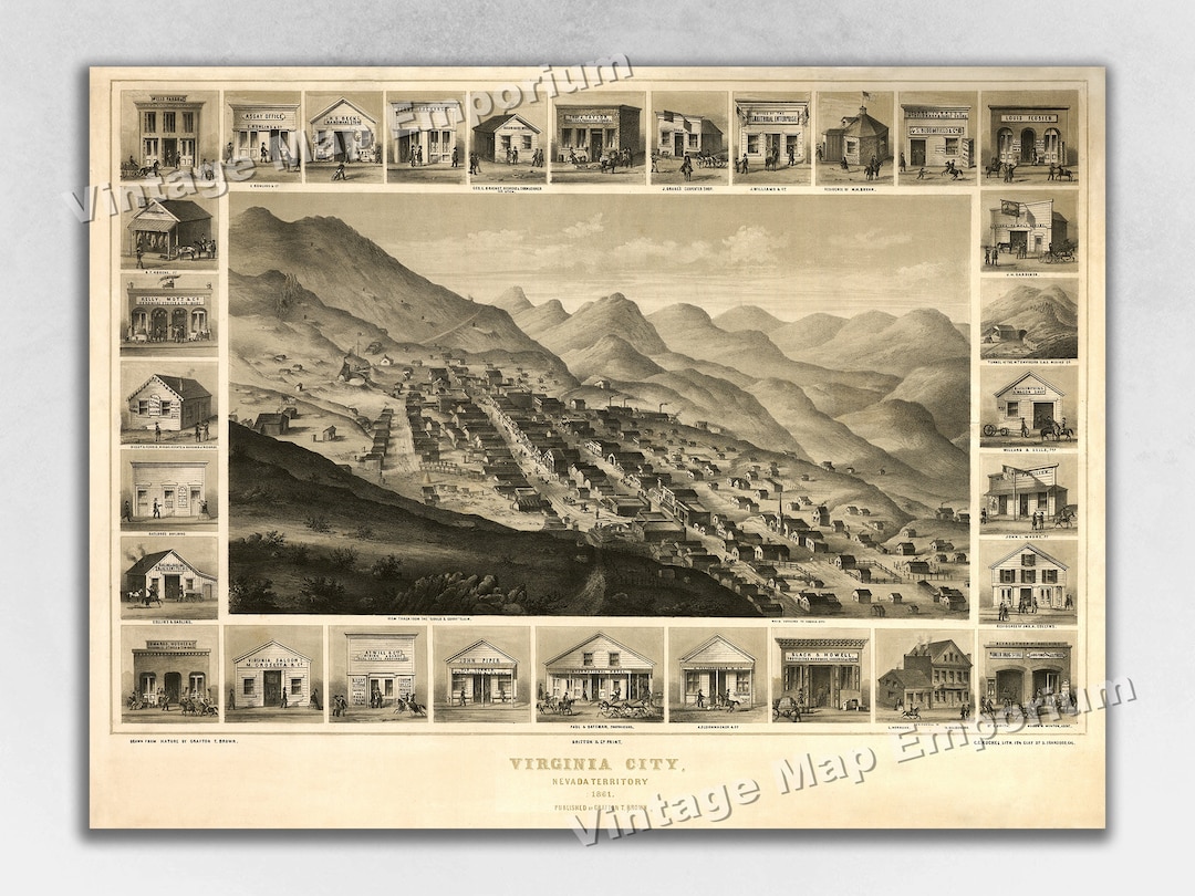 1861 Virginia City, Nevada Map - Panoramic Old City Map - Historic ...