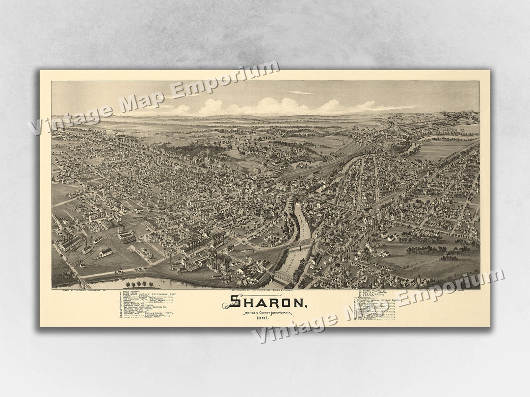 1901 Sharon, Pennsylvania Map - Panoramic Old City Map - Historic Birds ...