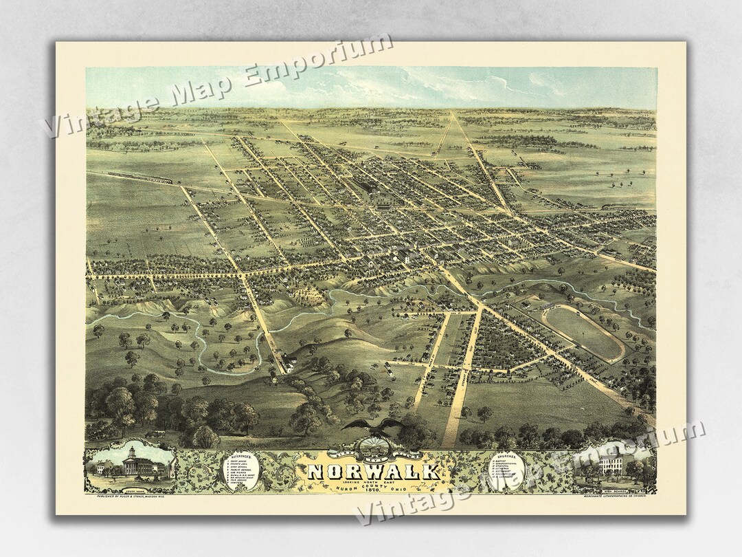 1870 Norwalk, Ohio Map - Panoramic Old City Map - Historic Birds Eye ...