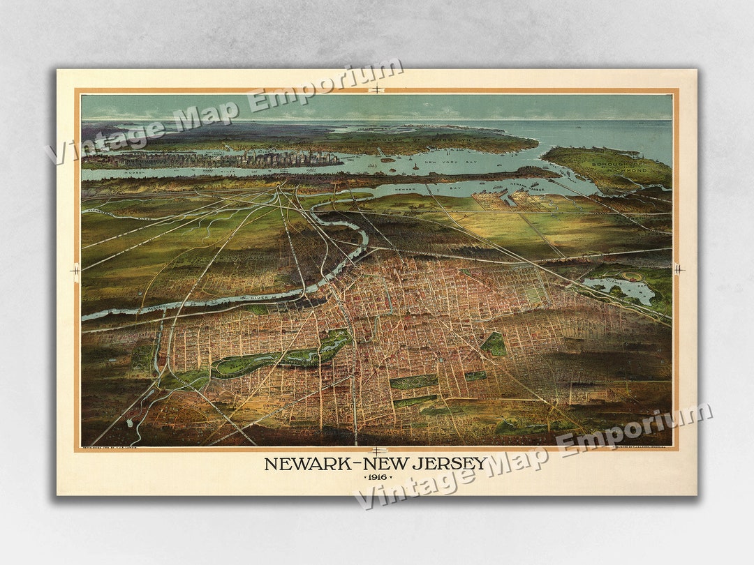 1916 Newark, New Jersey Map - Panoramic Old City Map - Historic Birds ...
