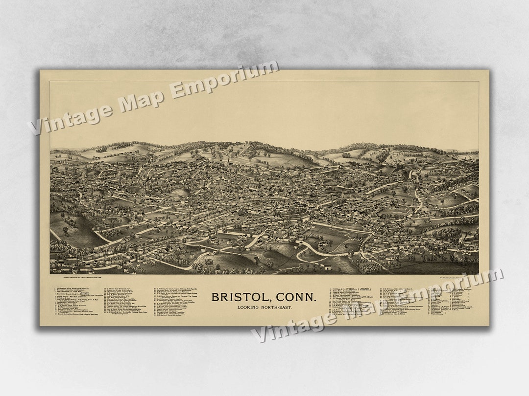 1889 Bristol, Connecticut Map - Panoramic Old City Map - Historic Birds ...
