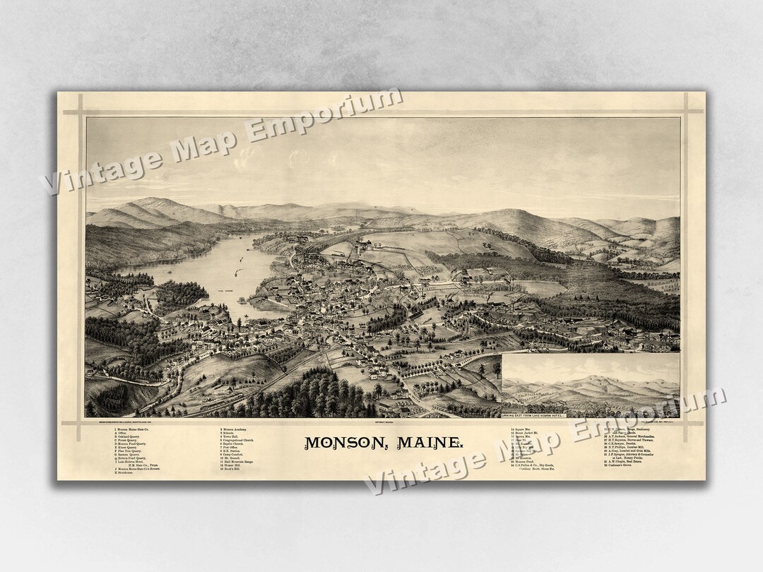 1889 Monson, Maine Map - Panoramic Old City Map - Historic Birds Eye ...