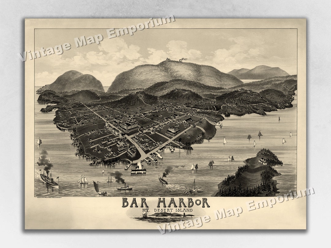 1886 Bar Harbor, Maine Map - Panoramic Old City Map - Historic Birds ...