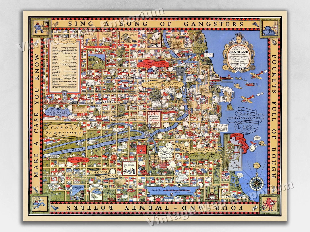 1931 “A Map of Chicago’s Gangland” Vintage Pictorial Gangster Map ...