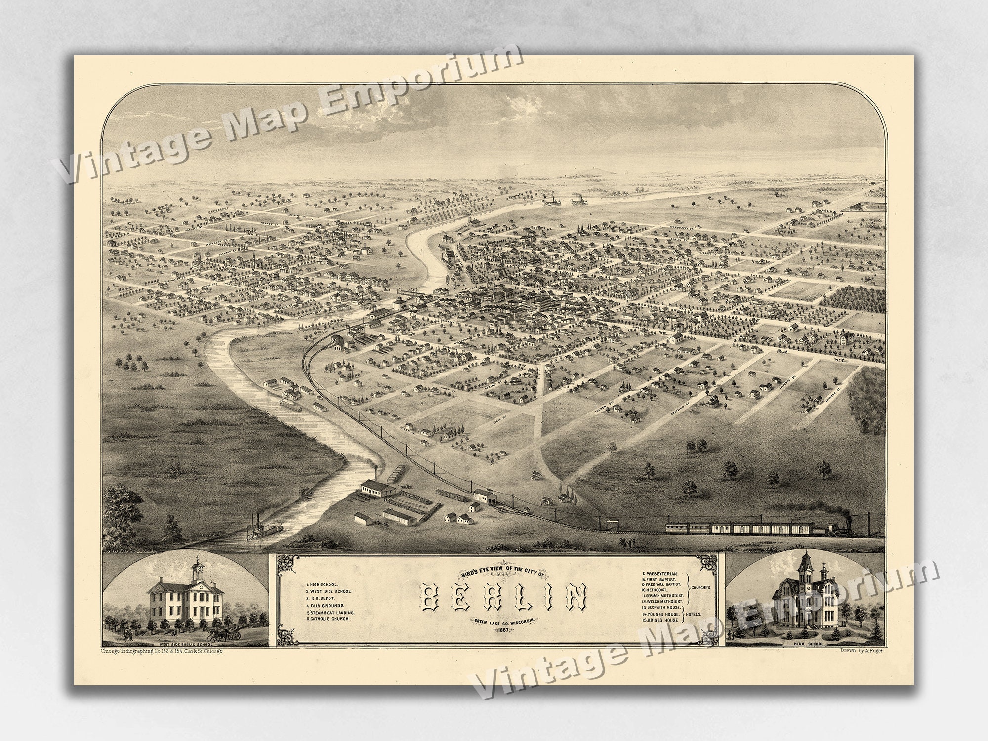 1867 Berlin, Wisconsin Map - Panoramic Old City Map - Historic Birds ...