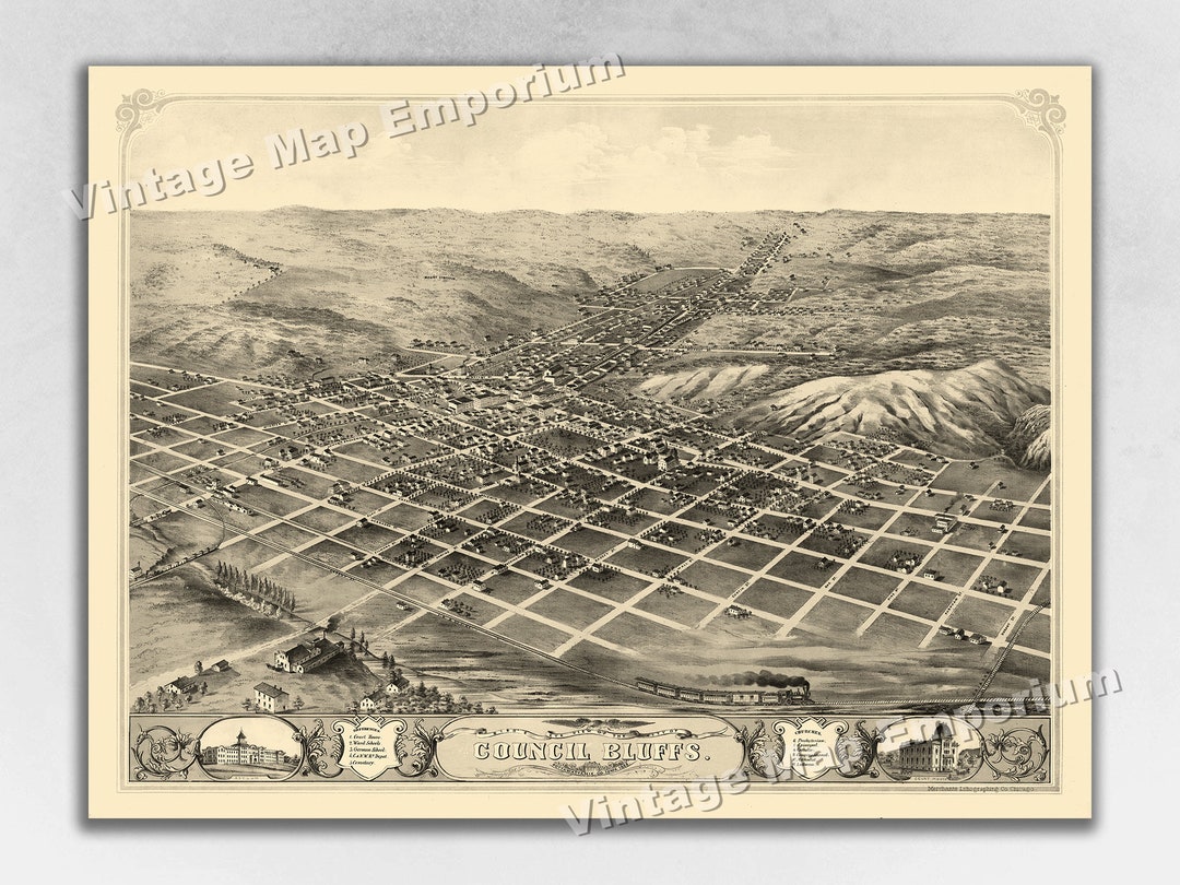 1868 Council Bluffs, Iowa Map - Panoramic Old City Map - Historic Birds ...
