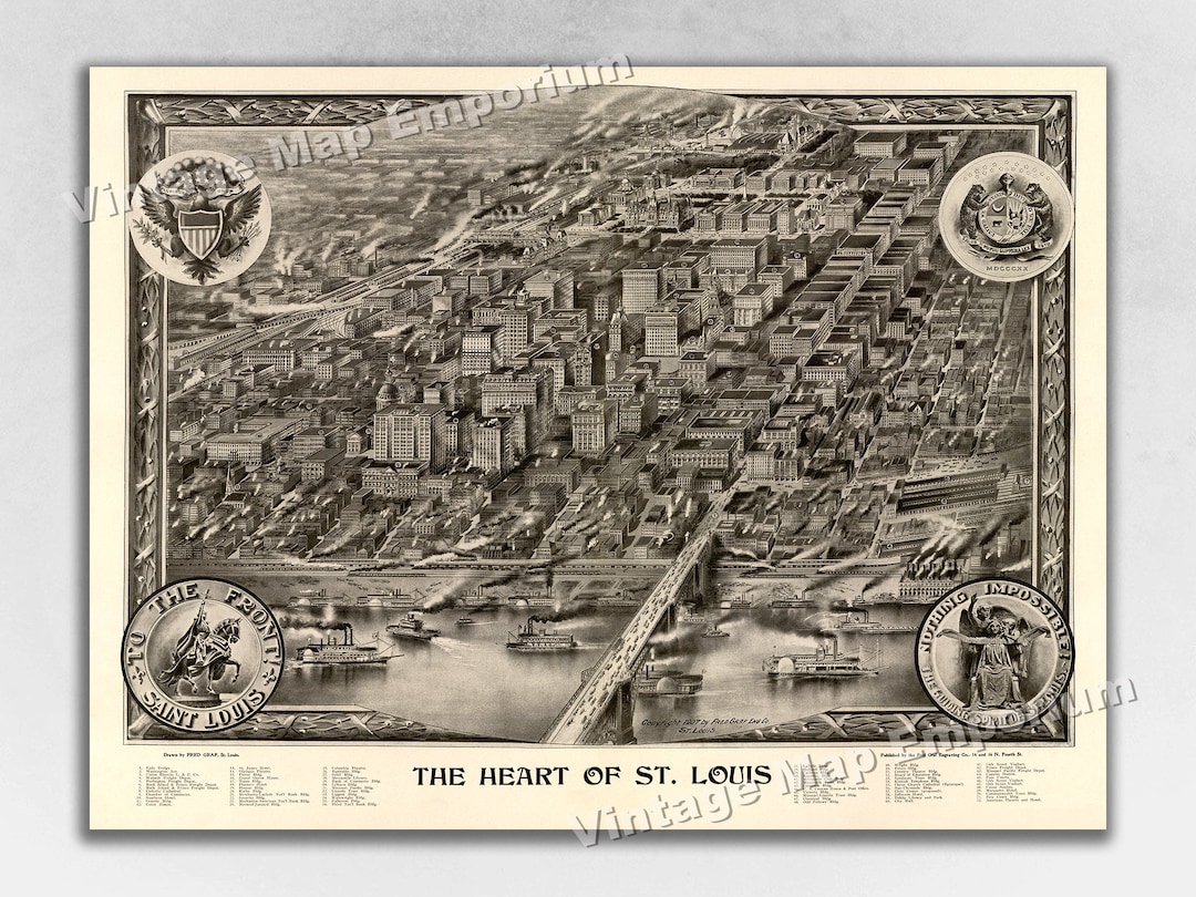 1907 St Louis, Missouri Map - Panoramic Old City Map - Historic Birds ...