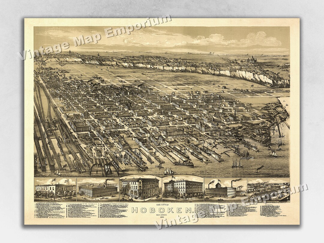 1881 Hoboken, New Jersey Map - Panoramic Old City Map - Historic Birds ...