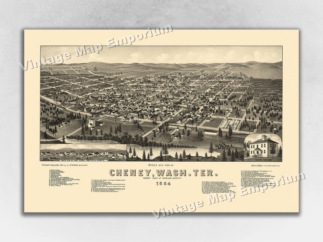 1884 Cheney, Washington Map - Panoramic Old City Map - Historic Birds ...