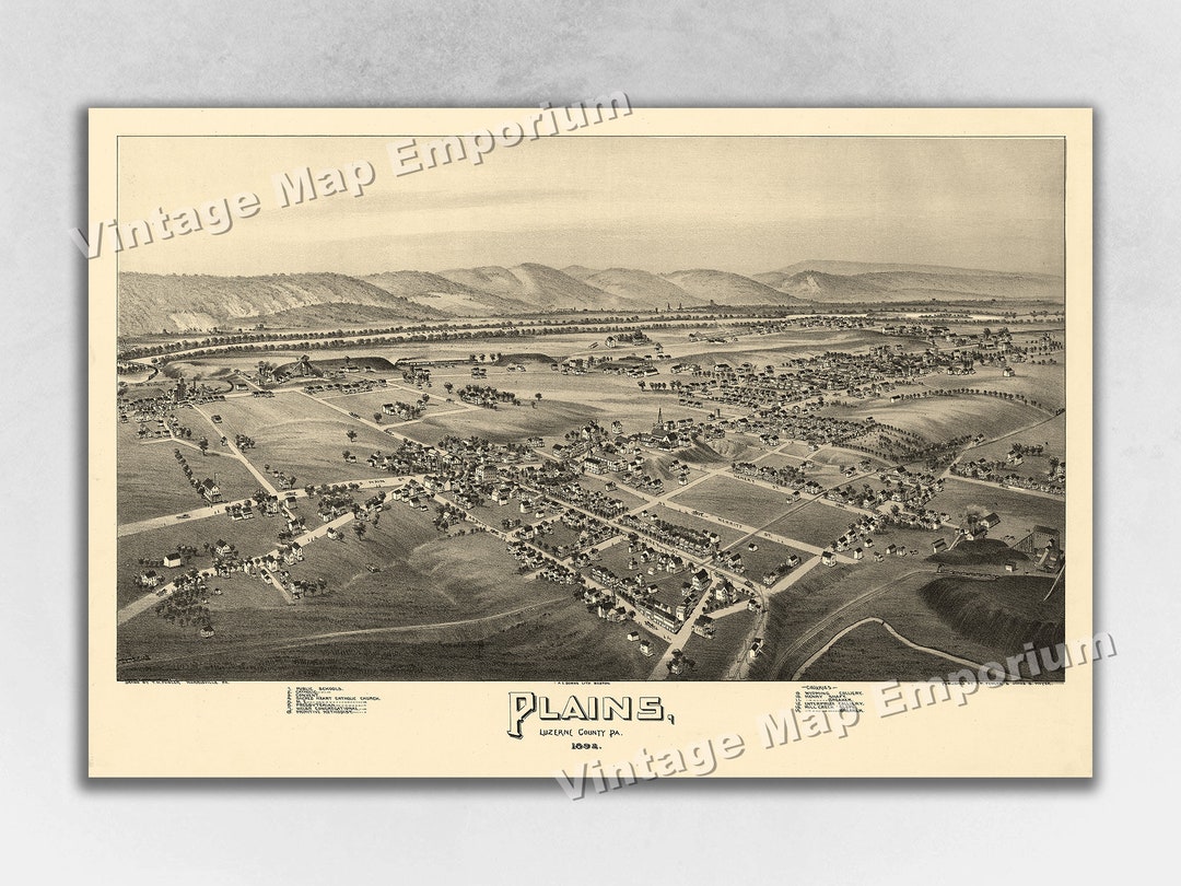 1892 Plains, Pennsylvania Map - Panoramic Old City Map - Historic Birds ...