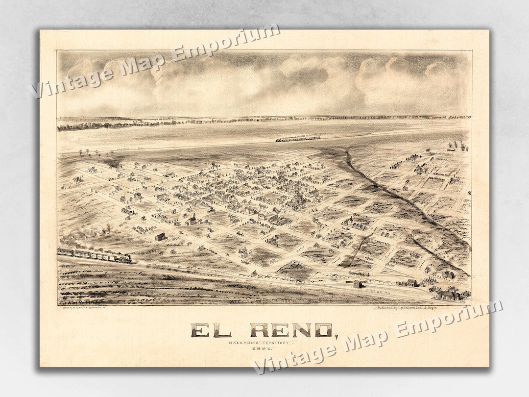 1891 El Reno, Oklahoma Map - Panoramic Old City Map - Historic Birds ...
