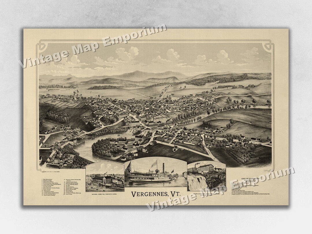 1890 Vergennes, Vermont Map - Panoramic Old City Map - Historic Birds ...