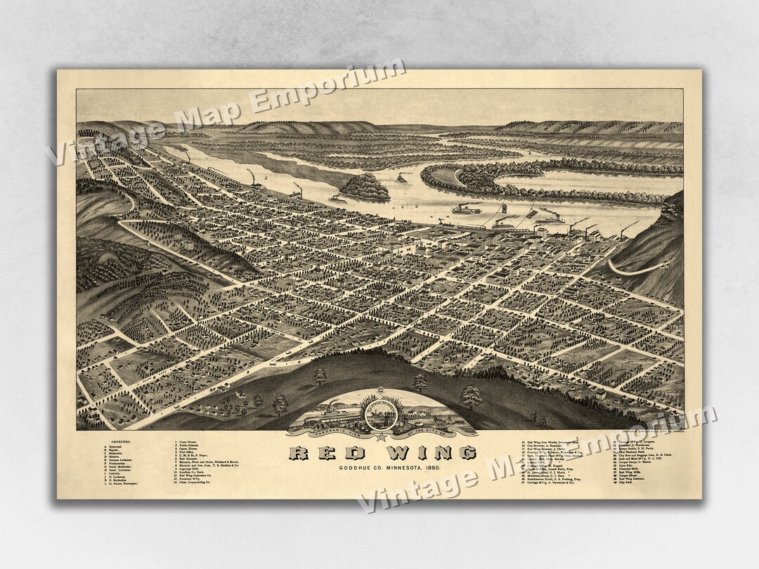 1880 Red Wing, Minnesota Map - Panoramic Old City Map - Historic Birds ...
