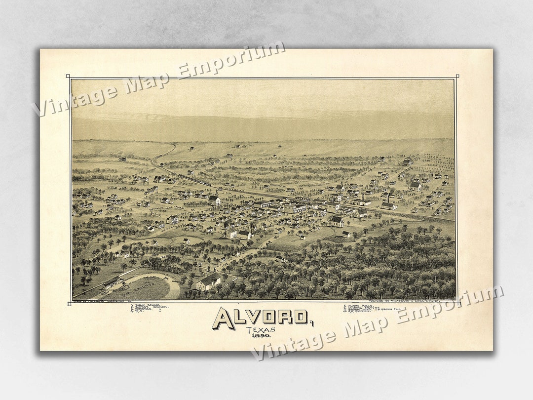 1890 Alvord, Texas Map - Panoramic Old City Map - Historic Birds Eye ...