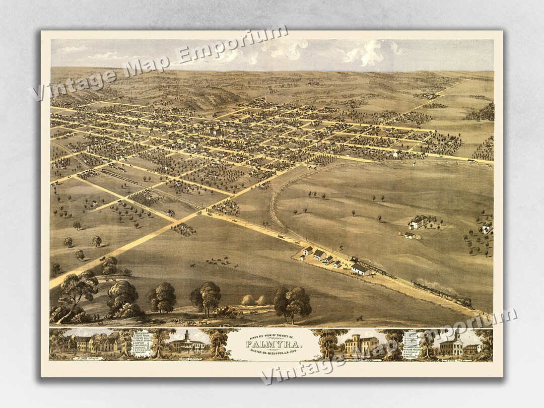1869 Palmyra, Missouri Map - Panoramic Old City Map - Historic Birds ...