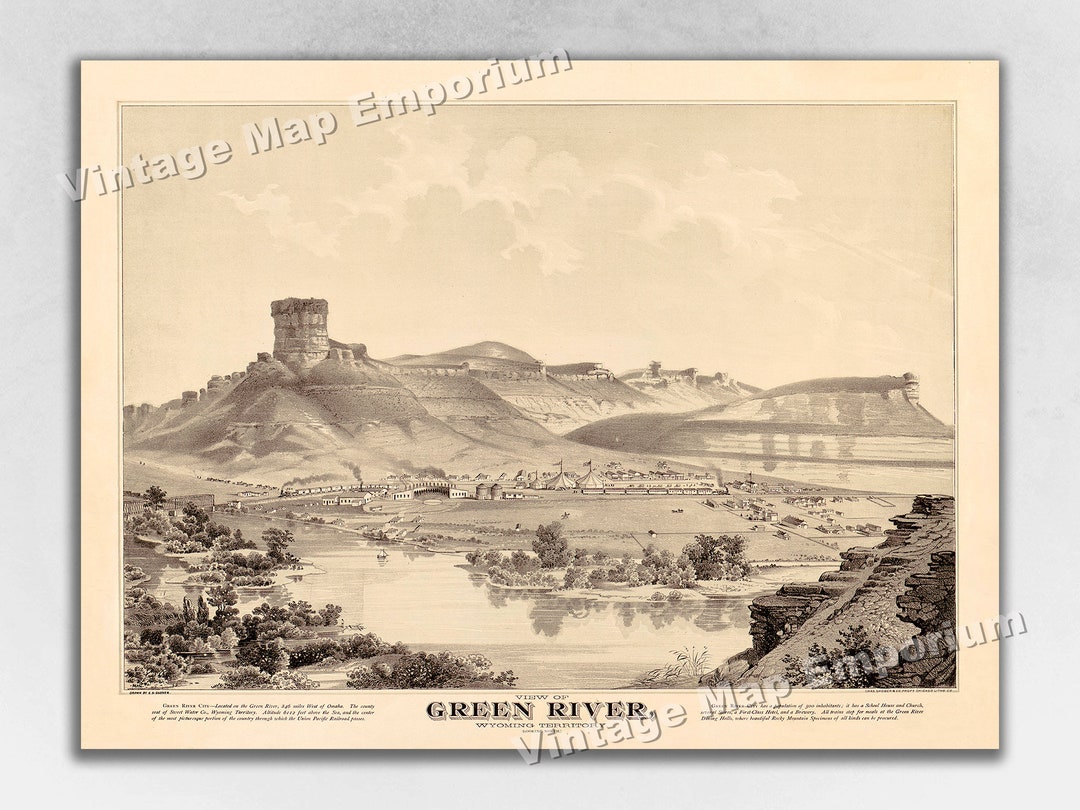 1875 Green River, Wyoming Map - Panoramic Old City Map - Historic Birds ...