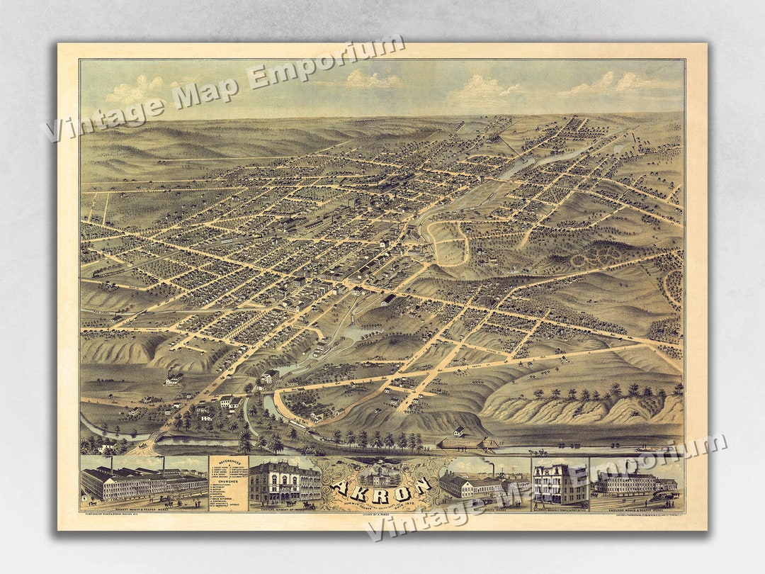 1870 Akron, Ohio Map - Panoramic Old City Map - Historic Birds Eye View ...