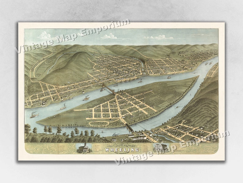 1870 Wheeling, West Virginia Map - Panoramic Old City Map - Historic ...