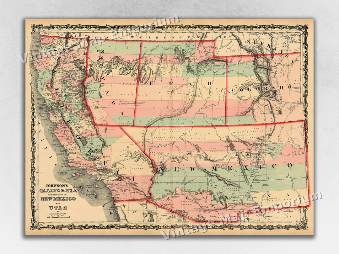 Map of California New Mexico & Utah 1861 Vintage Style Territorial Map ...