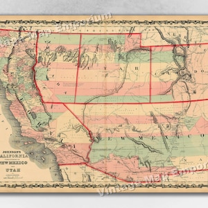 Map of California New Mexico & Utah 1861 Vintage Style Territorial Map ...
