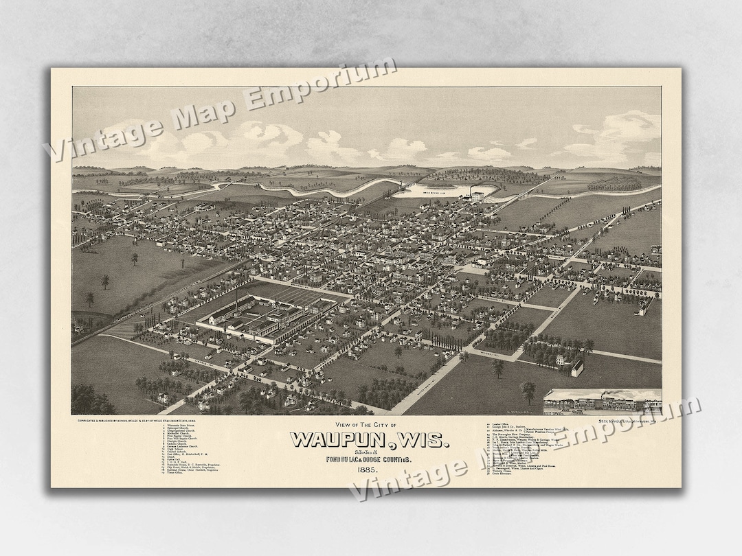 1885 Waupun, Wisconsin Map - Panoramic Old City Map - Historic Birds ...