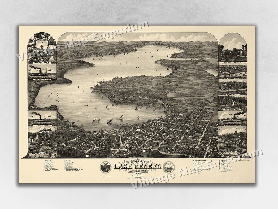 1882 Lake Geneva, Wisconsin Map - Panoramic Old City Map - Historic ...
