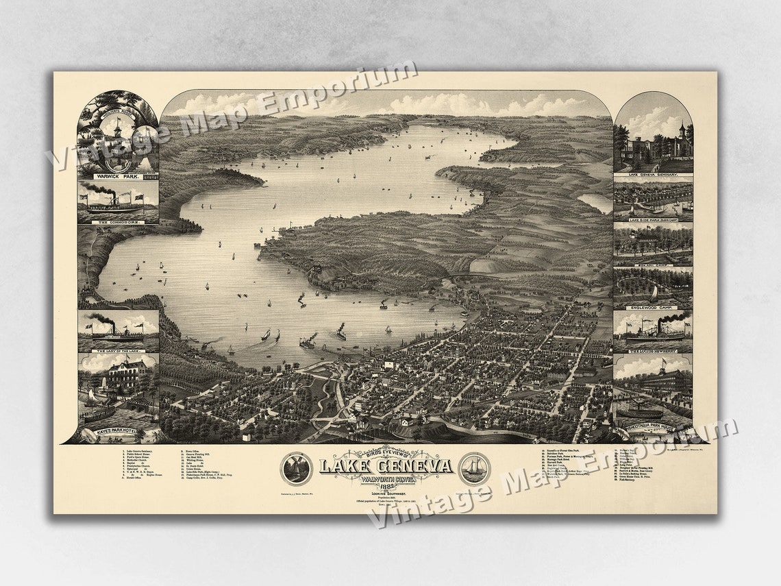 1882 Lake Geneva Wisconsin Map Panoramic Old City Map - Etsy