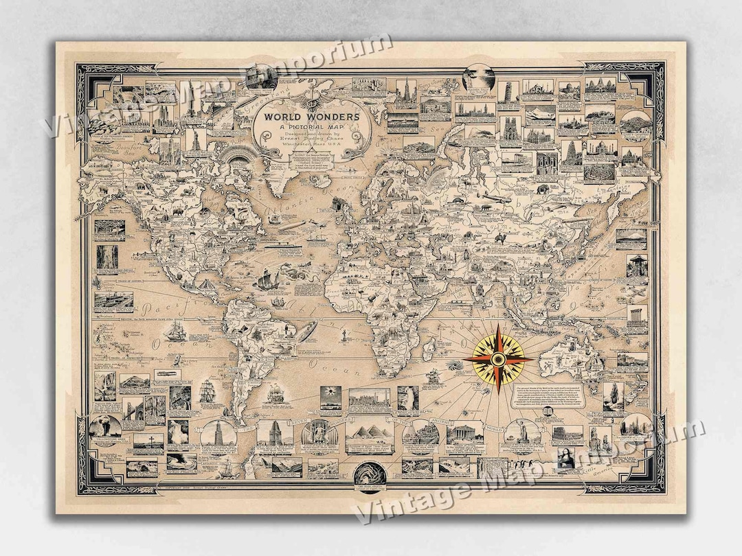 1939 World Wonders Map - World Map Poster Print - Vintage Pictorial Map ...