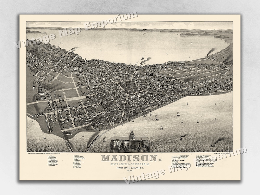 1885 Madison, Wisconsin Map - Panoramic Old City Map - Historic Birds ...
