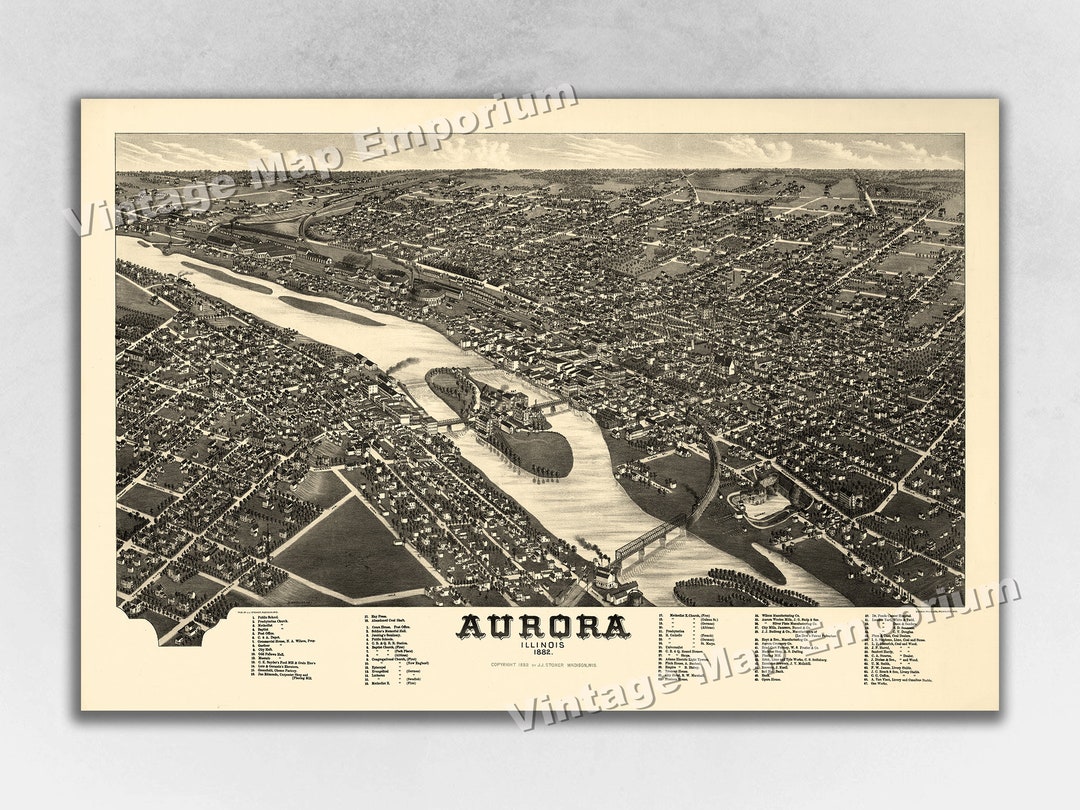 1882 Aurora, Illinois Map - Panoramic Old City Map - Historic Birds Eye ...