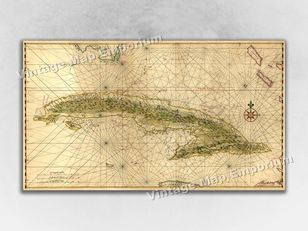 Cuba 1639 Old Map Caribbean Ocean Maritime Nautical Chart - Vintage Old ...