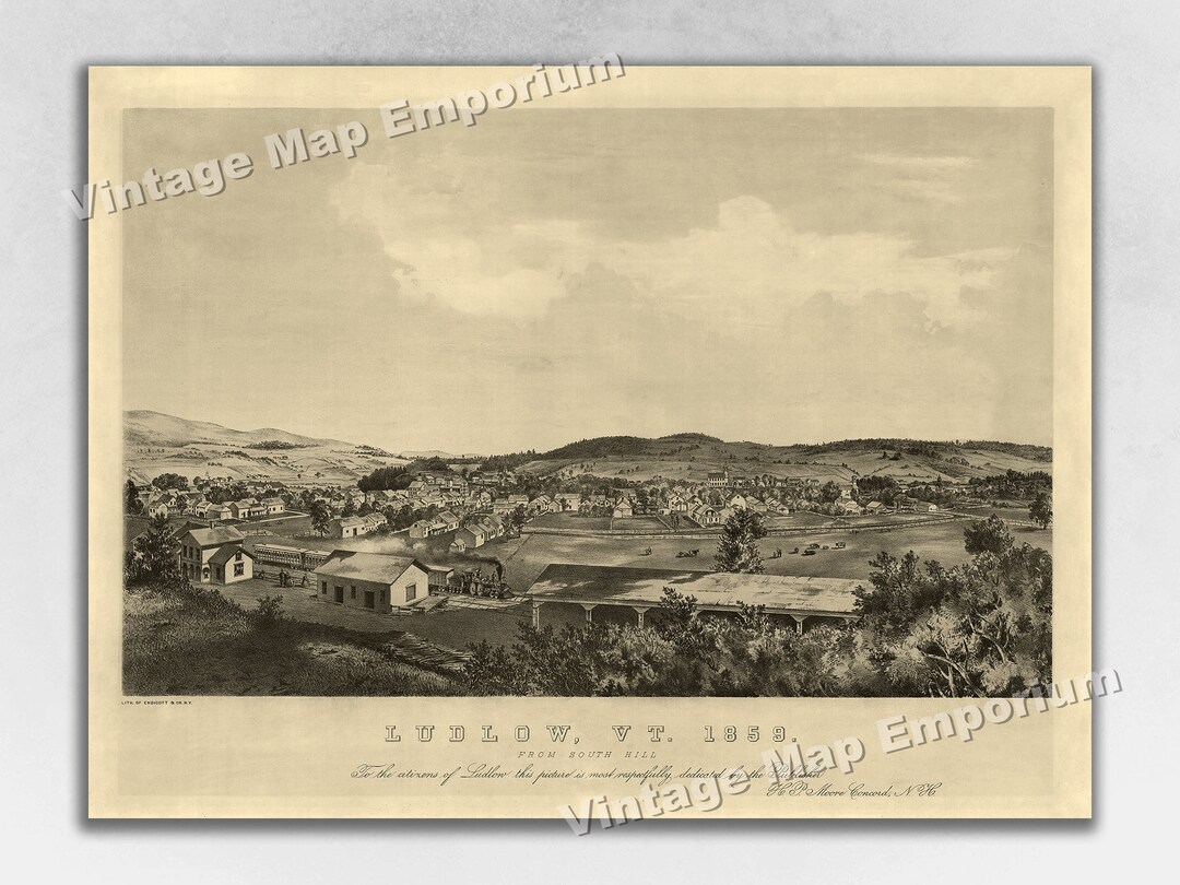1859 Ludlow, Vermont Map - Panoramic Old City Map - Historic Birds Eye ...
