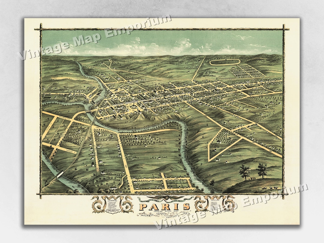 1870 Paris, Kentucky Map - Panoramic Old City Map - Historic Birds Eye ...