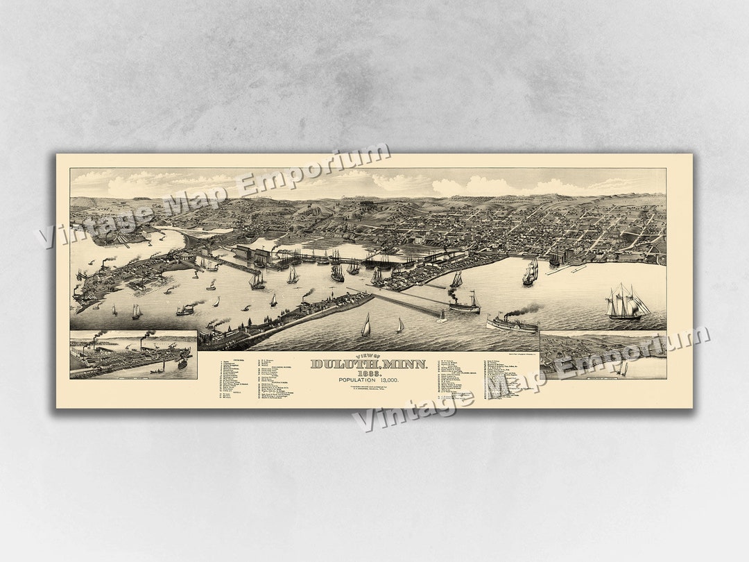 1883 Duluth, Minnesota Map - Panoramic Old City Map - Historic Birds ...