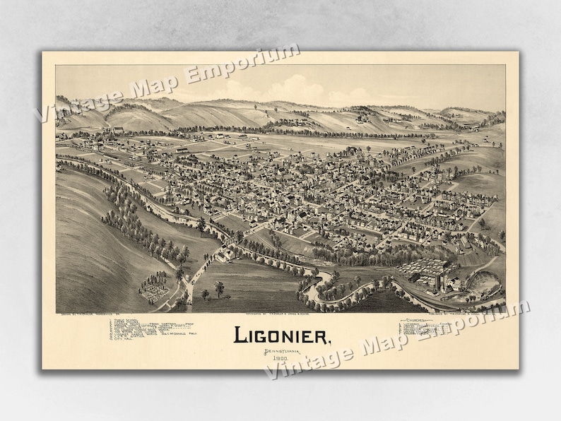 1900 Ligonier Pennsylvania Map Panoramic Old City Map - Etsy