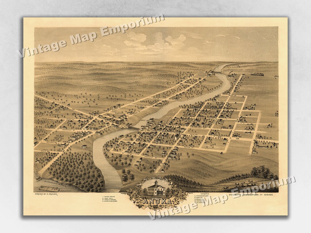 1869 Anoka, Minnesota Map - Panoramic Old City Map - Historic Birds Eye ...