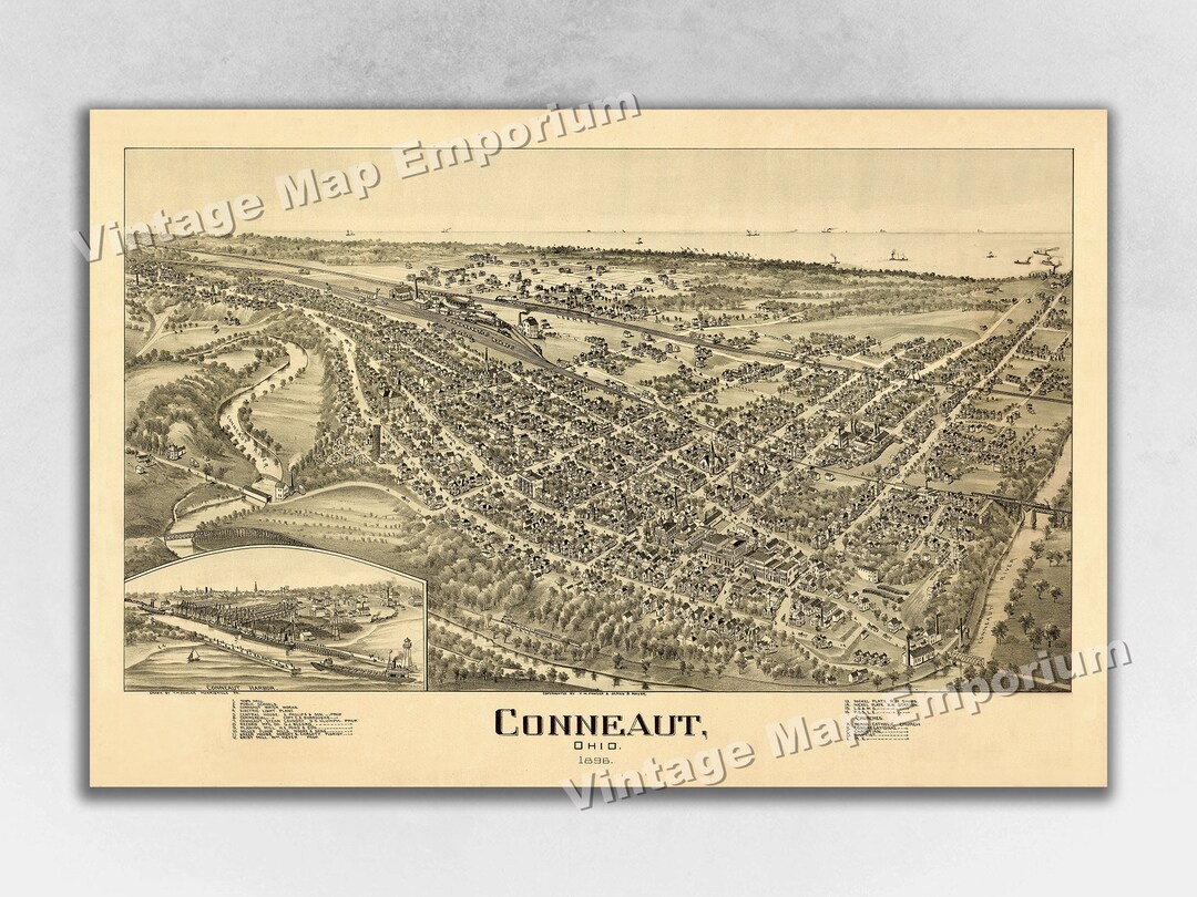 1896 Conneaut, Ohio Map - Panoramic Old City Map - Historic Birds Eye ...